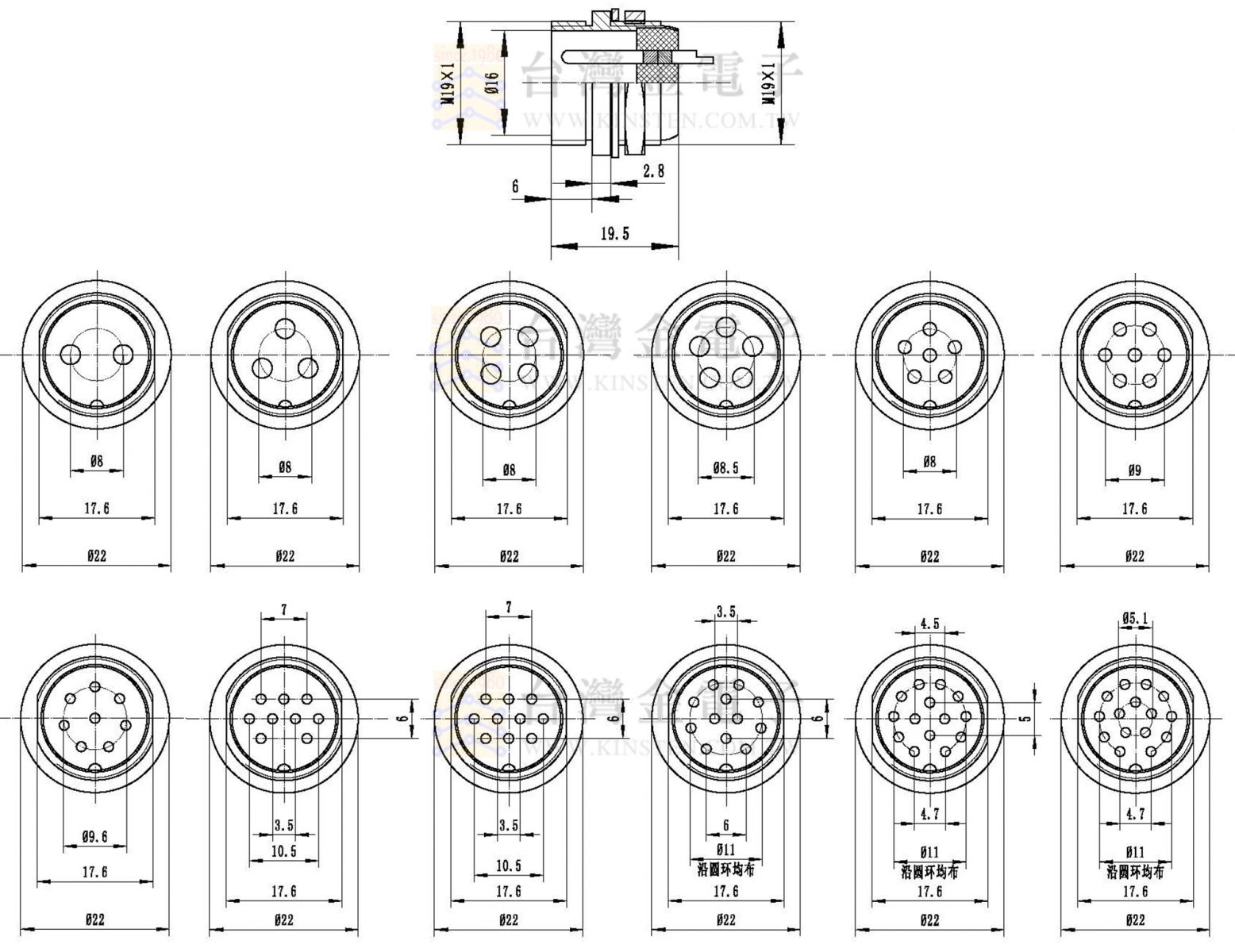 19mm金屬接頭短 插板式 公 1214B [2P,3P,4P,5P,6P,7P,8P,9P,10P,12P,14P,15P]